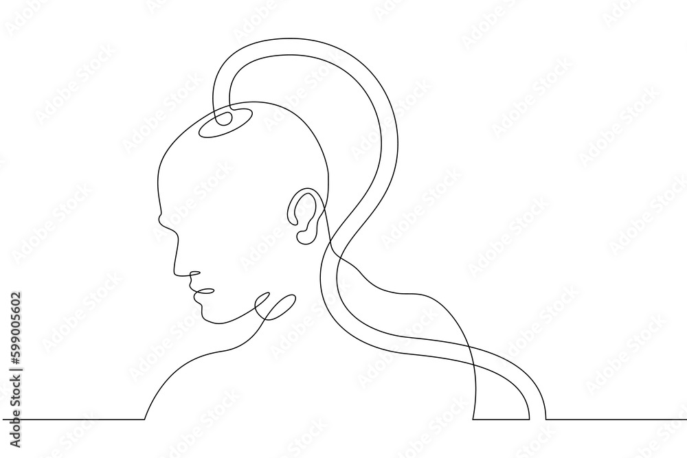 One continuous line. Neuroimplants. Brain implants. Bald man with wires ...