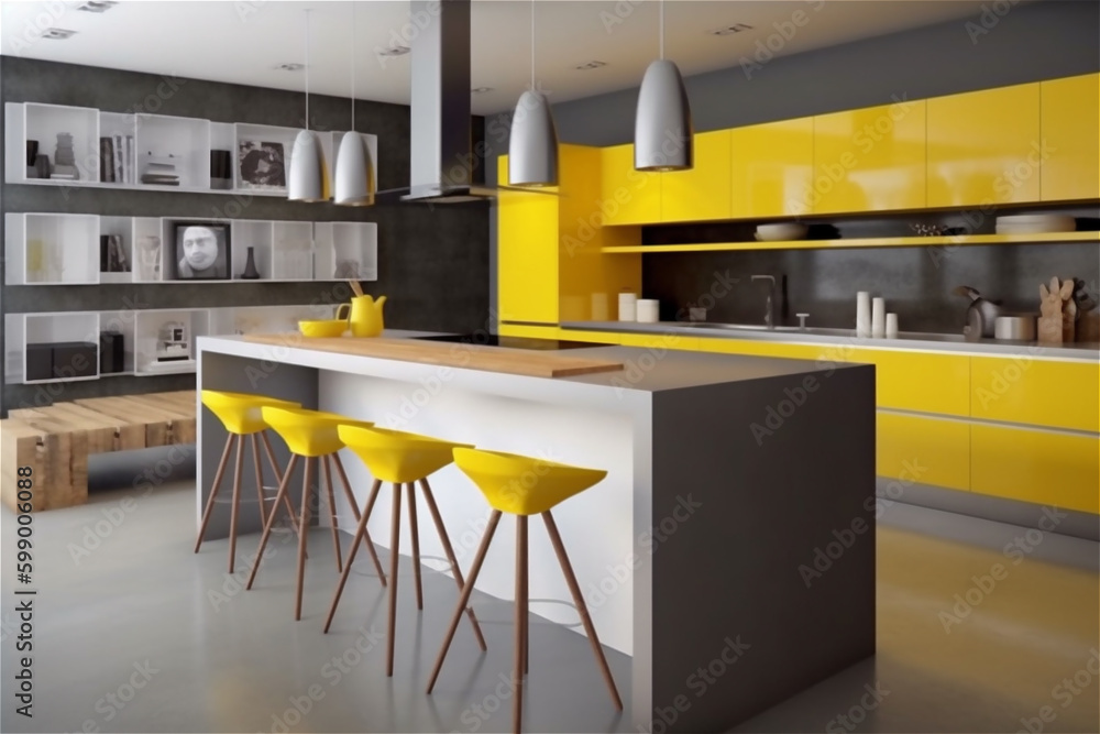 modern Kitchen in a new luxury home with an island, yellow chairs and ...