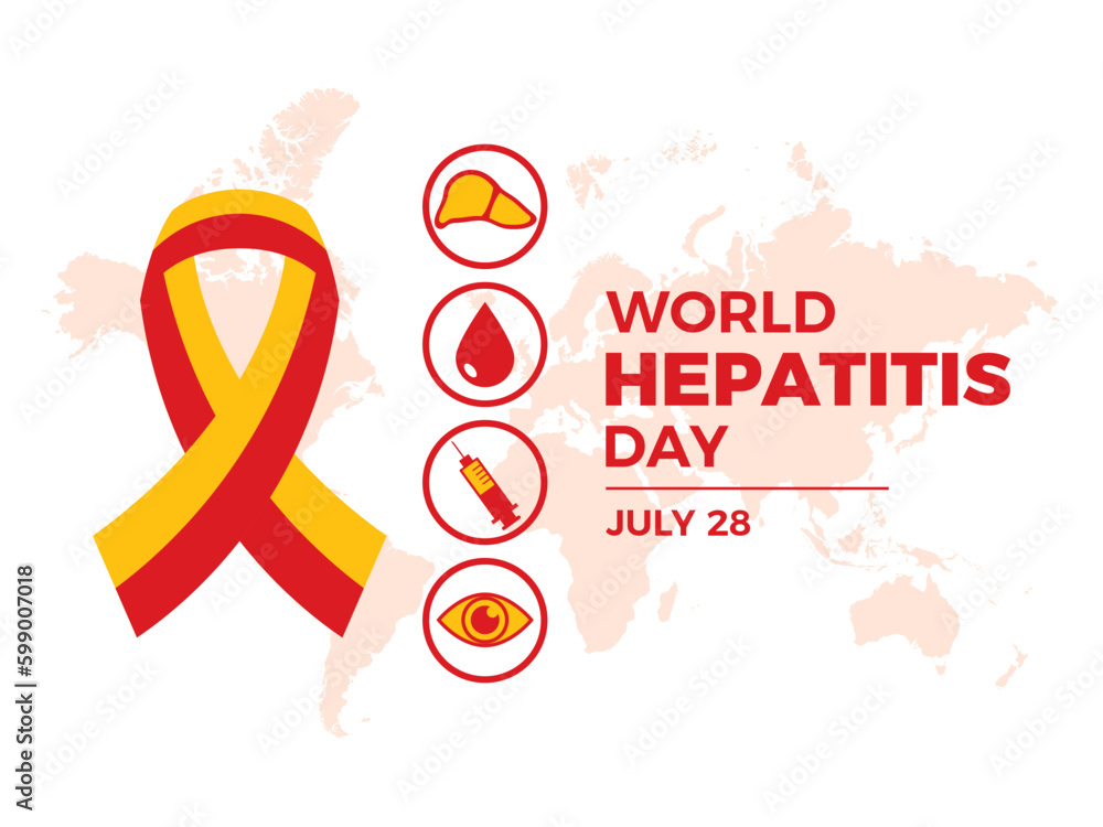 World Hepatitis Day poster with ribbon and medical icon set vector. Red ...