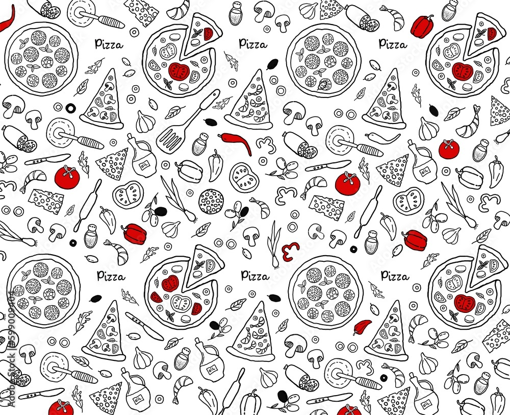 Pizza seamless pattern drawing with hand drawn doodles on white ...