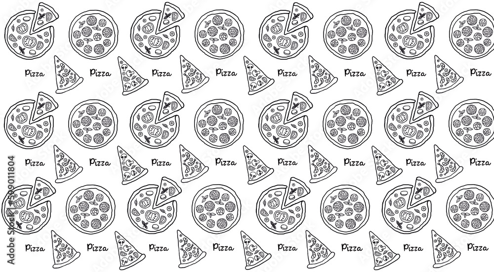 Pizza seamless pattern drawing with hand drawn doodles on white ...