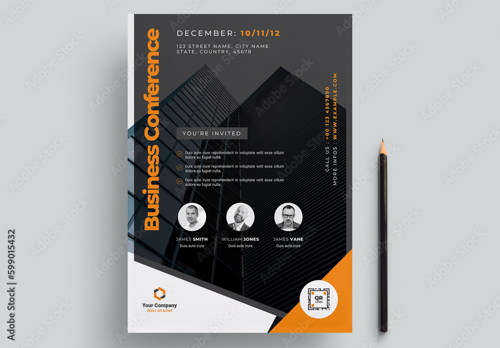 Conference Flyer Layout with Orange Accents Stock Template | Adobe Stock
