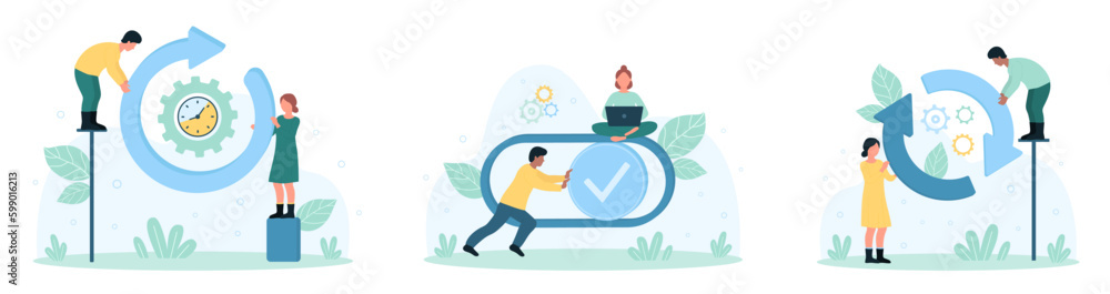 Business cycle, management set vector illustration. Cartoon tiny people ...