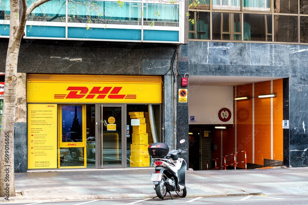 Barcelona, Spain-April 9, 2023. DHL, a German international logistics ...
