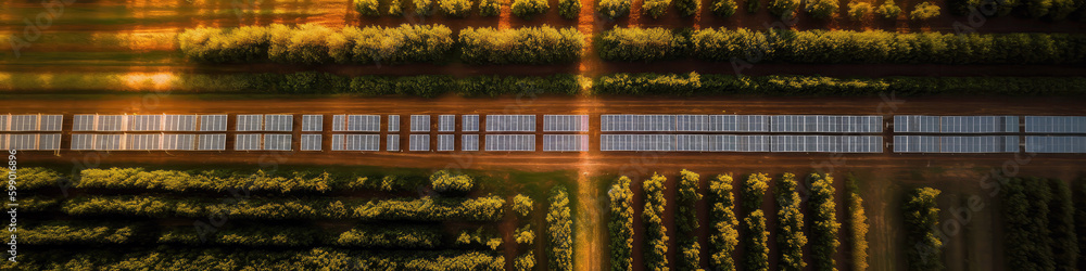 Overhead Shot Of Solar Farm Connected To Smart Grid Network. Panoramic ...