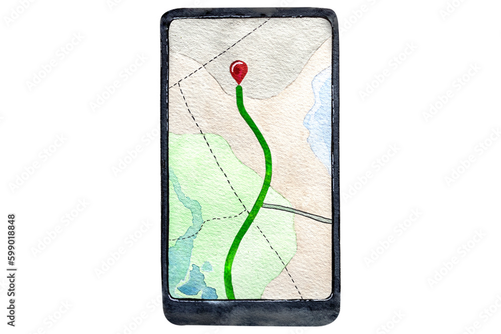 Watercolor illustration of a mobile phone with enabled navigation and a ...