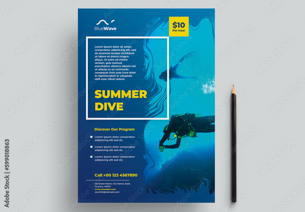 Flyer Dive Swimming Layout with Yellow and Blue Accents Stock Template ...