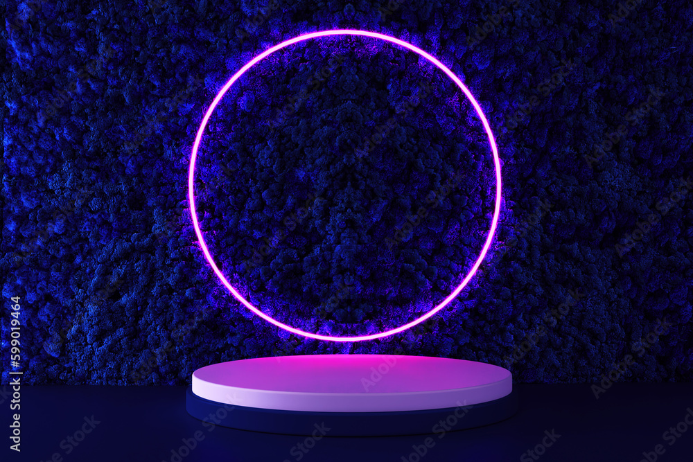 Moss leaves plant wall and neon light template. 3d rendering of purple ...
