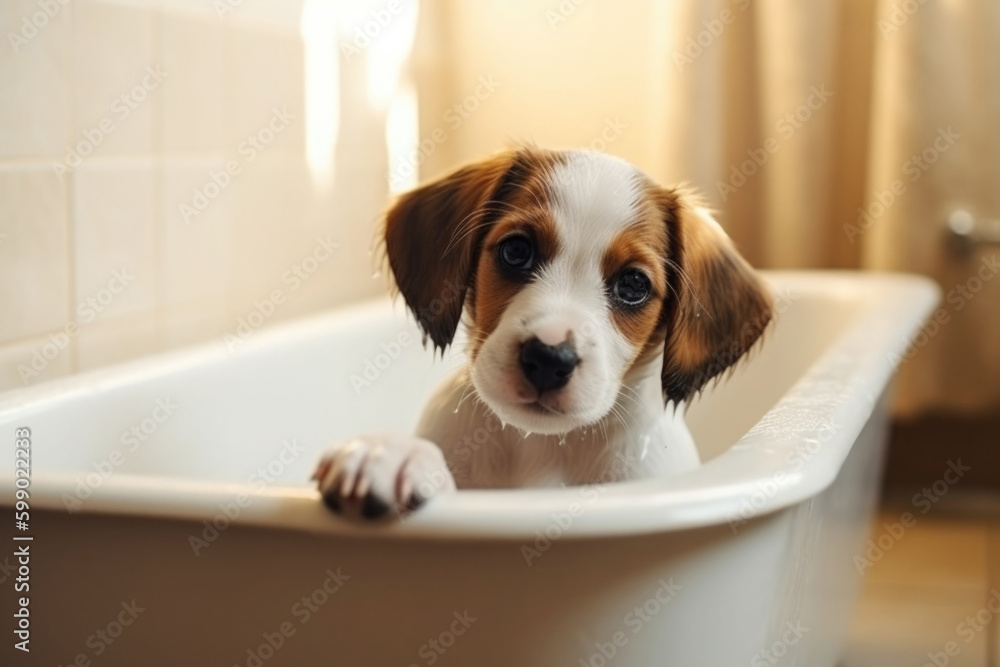 Cute dog showering in bath with shampoo foam. Washing pet. Created with ...