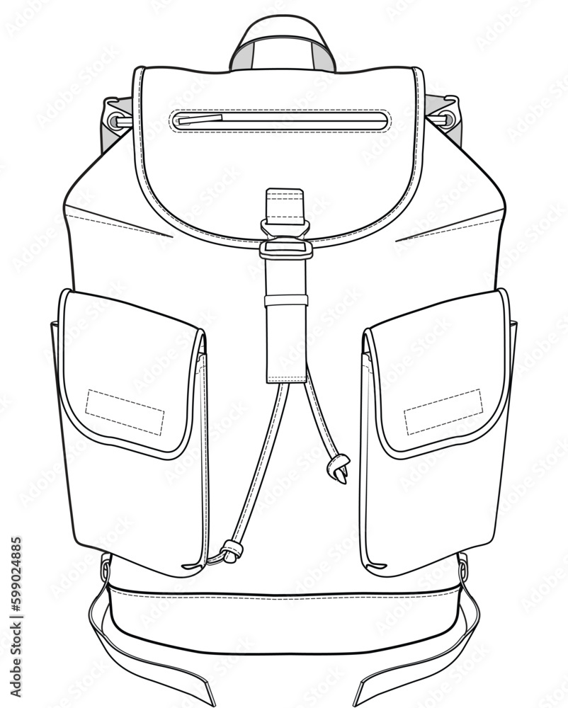 hiking backpack flat sketch vector illustration technical cad drawing ...