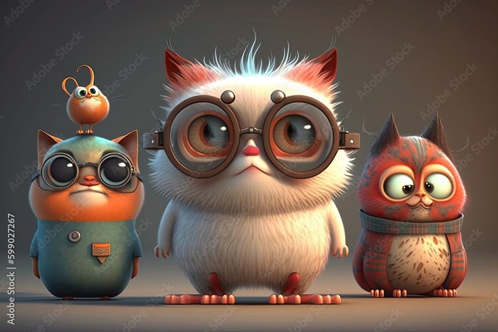 Cute cartoon cats, eyes wide opened, kitty family, strange professor ...