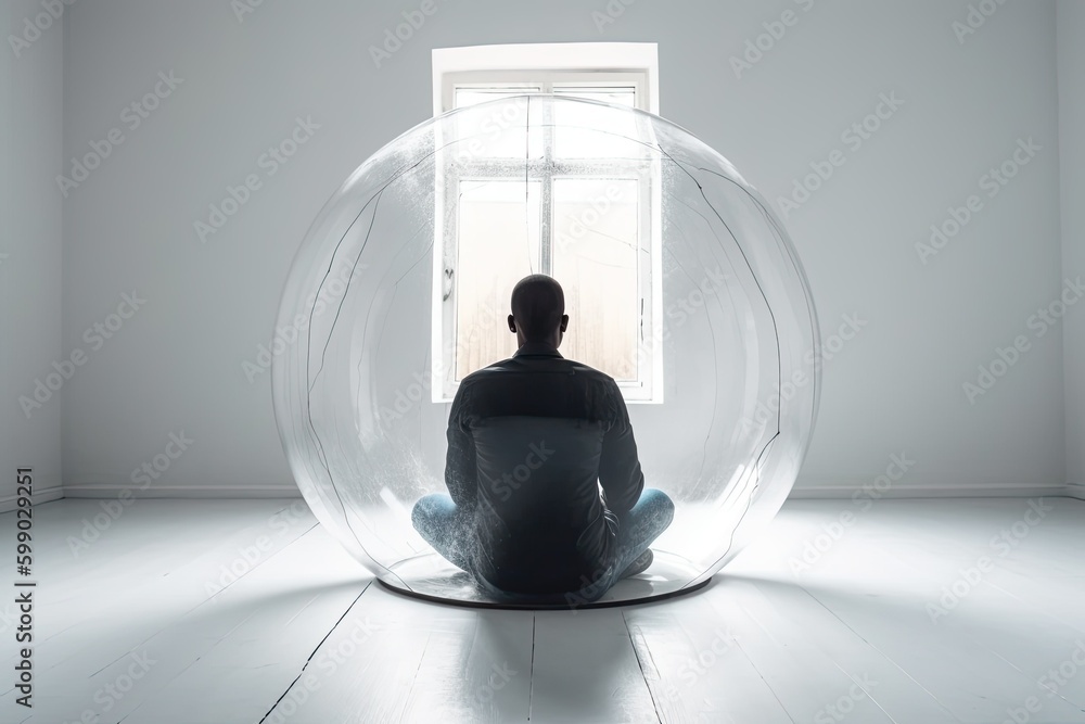Depressed young bald man sits in bubble. Lonely person in vacuum ...