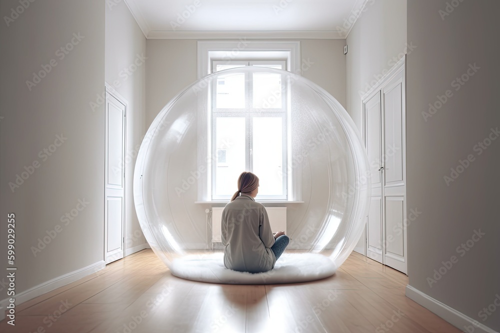 Introverted woman isolated in a bubble in a light empty room ...