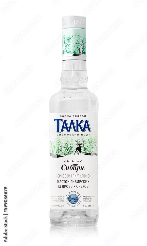 Bottle of Russian vodka Talka Siberian legend on a transparent ...