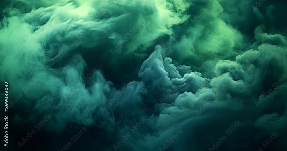 Abstract backdrop Cloud of green and blue smoke on a black isolated ...