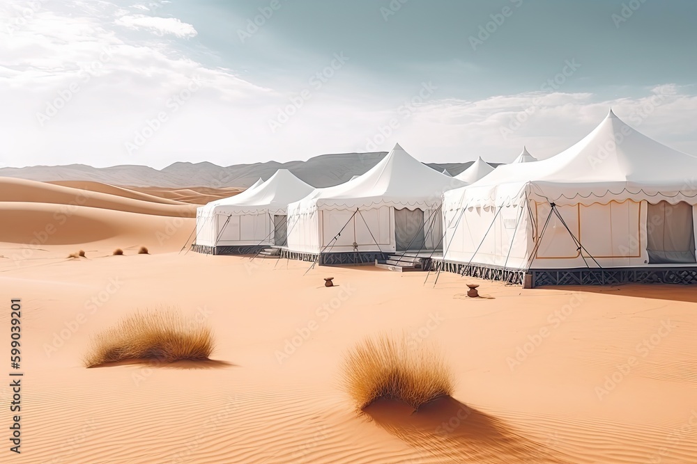 Contemporary luxury glamping camp desert. Sand dunes around. Many white ...