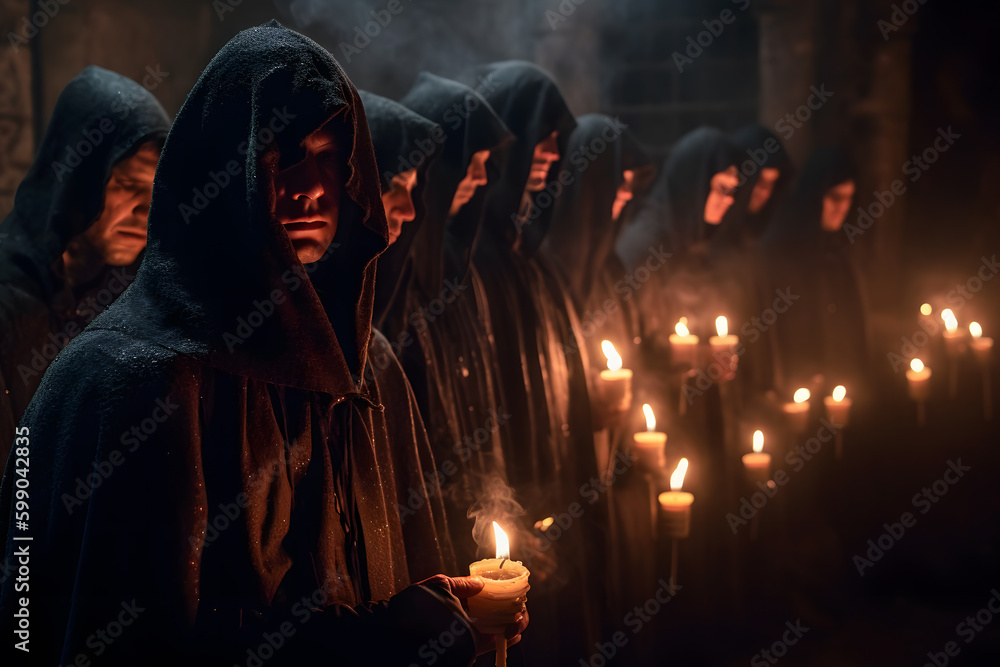 Ritual of medieval priests with candles in the temple. Neural network ...