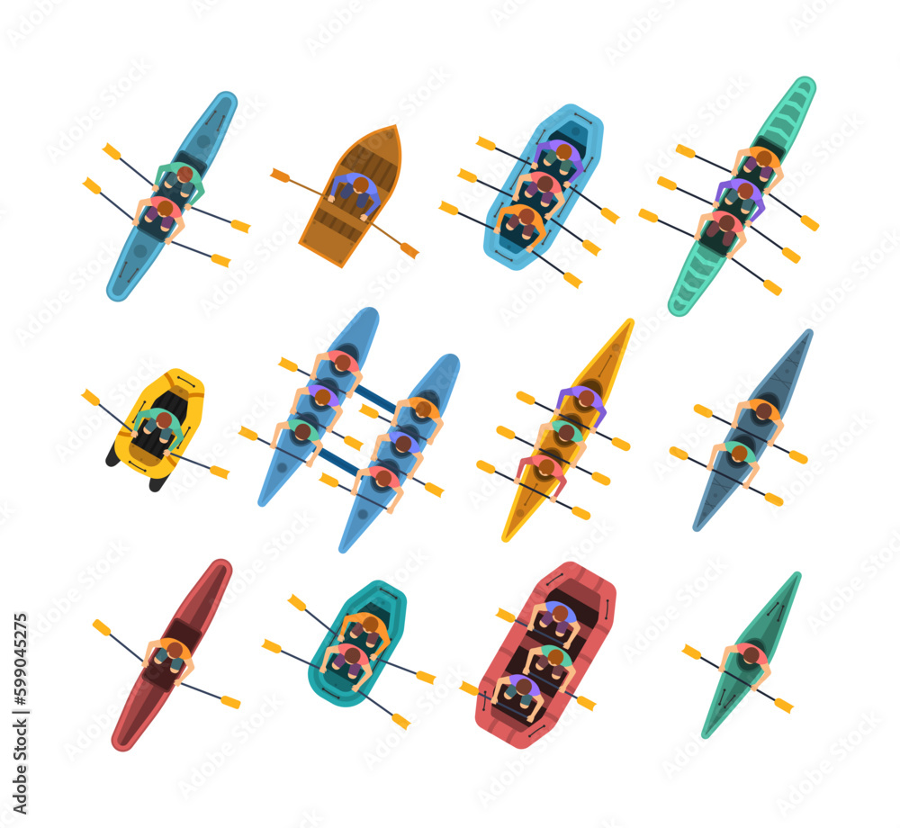 Rafting kayaking top view set with boats of different forms and colors ...