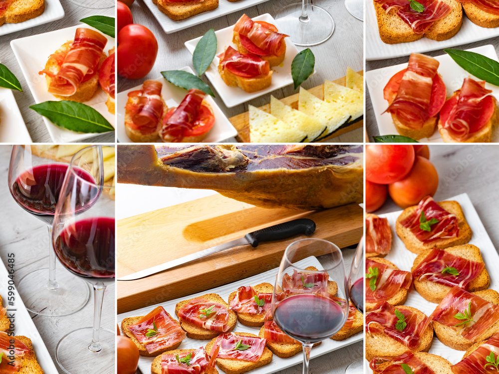 Collage de aperitivos españoles. Composición o diseño de aperitivos de jamón ibérico con copa de ...