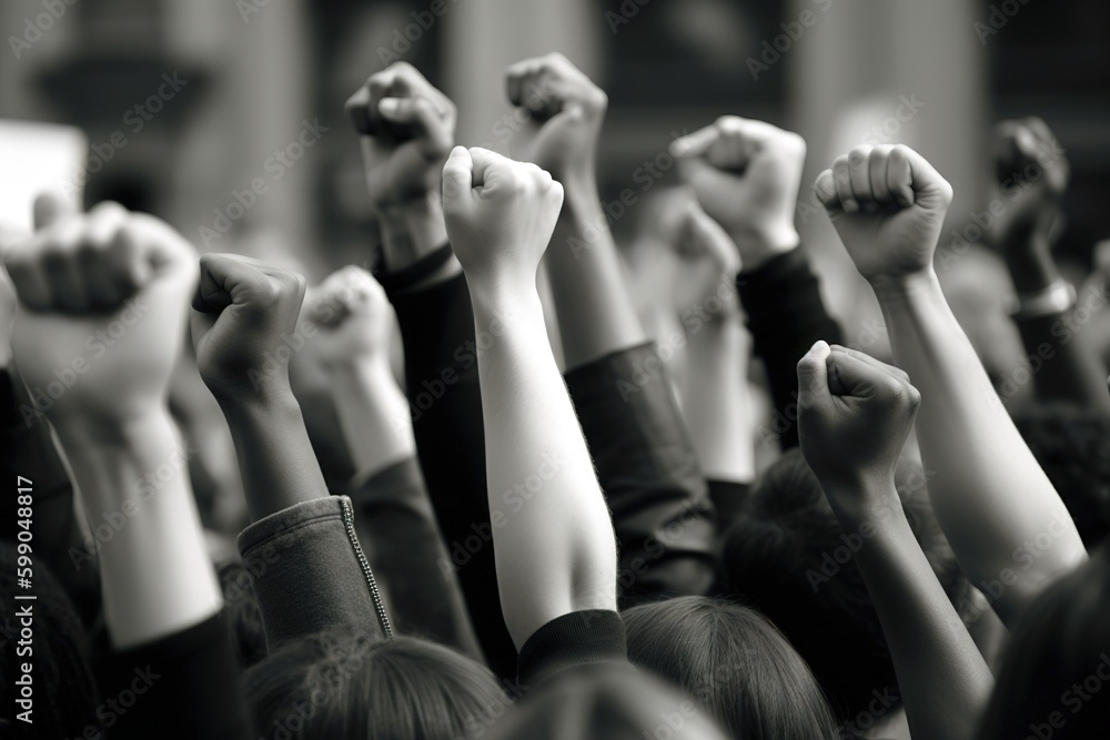People rising hands together during protest. Close up shot ...