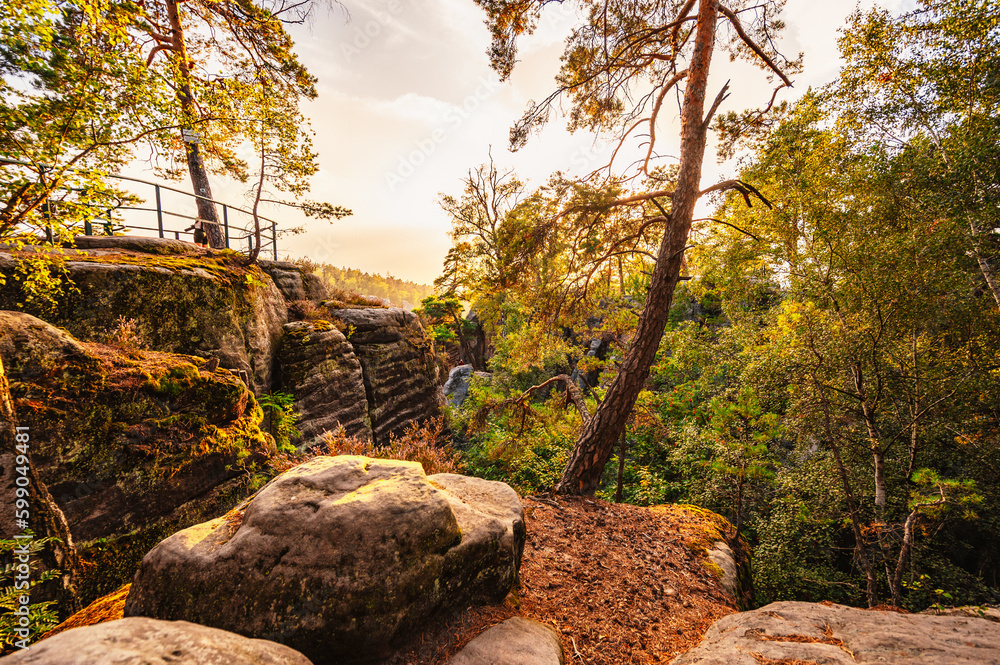 Cesky raj sandstone cliffs - Prachovske skaly in summer sunset, Czech ...