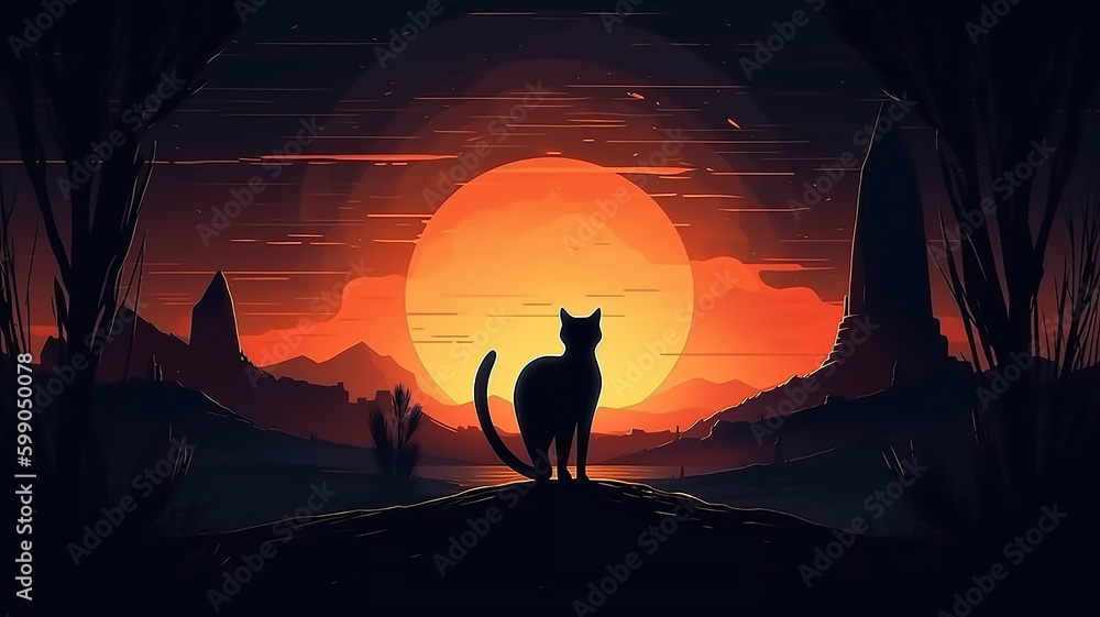 Egyptian Abstract dark fantasy background, Egyptian black cat, night ...