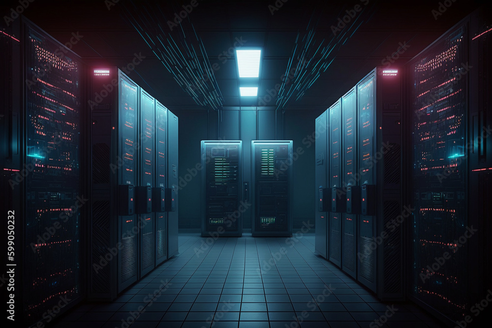 A dark server room with glowing computer equipment. Generative AI Stock Illustration | Adobe Stock