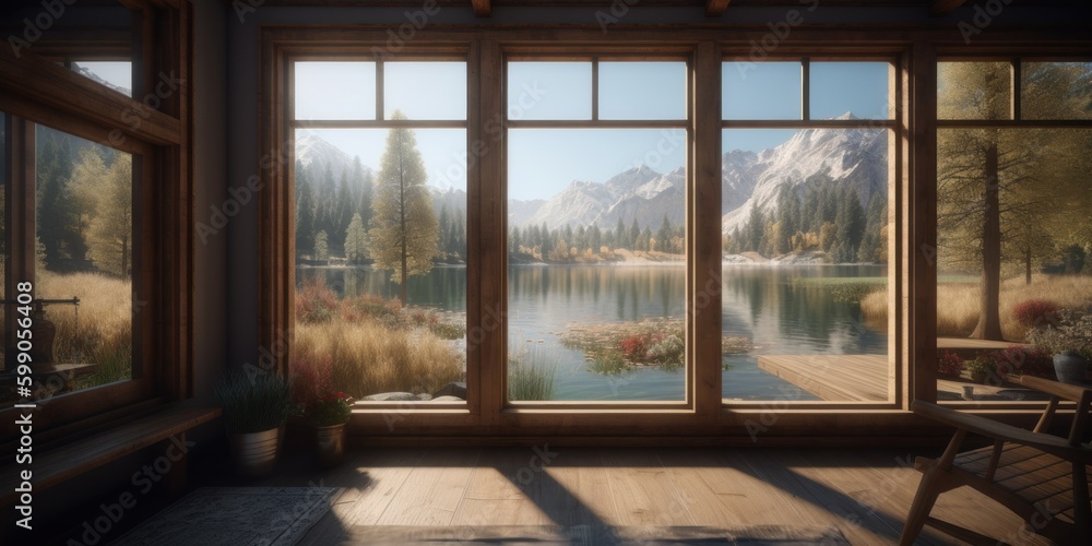 Beautiful view from the window of a house by a lake in the mountains ...