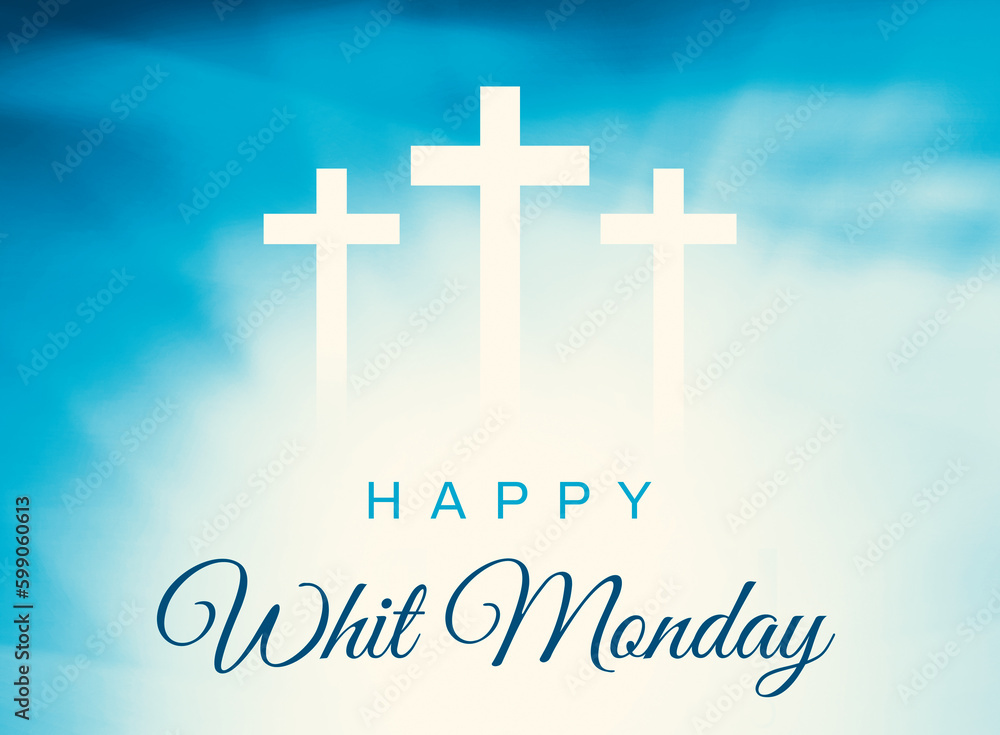 Happy Whit Monday religious background with white shapes and blue ...