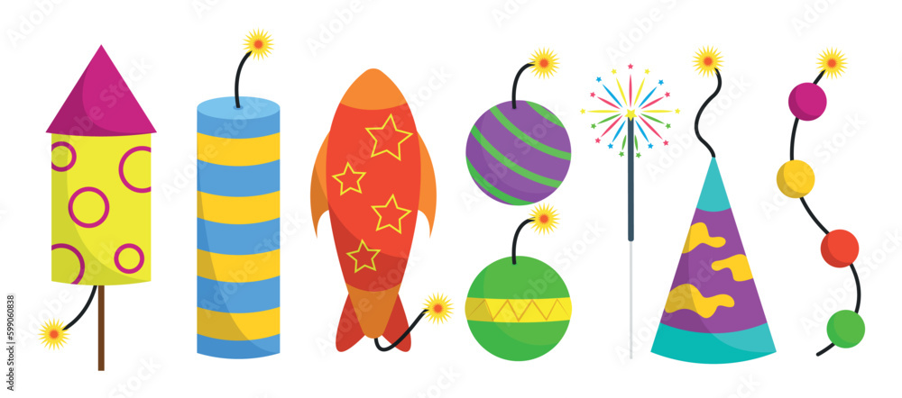 Set of colorful pyrotechnics in cartoon style. Vector illustration of ...