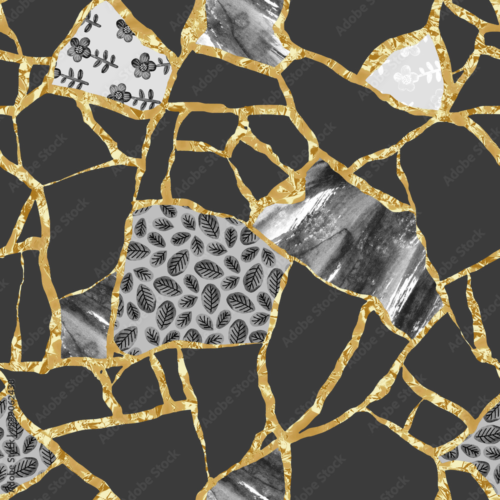 Seamless geometric pattern in Kintsugi style. Cracked ceramic tiles ...
