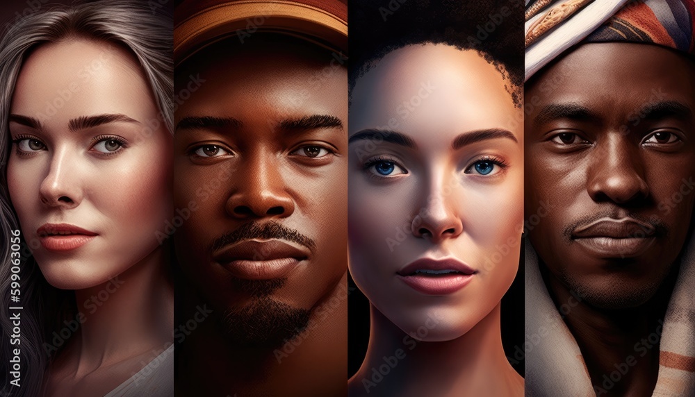 group of women and men with different races and skin colors gathered ...