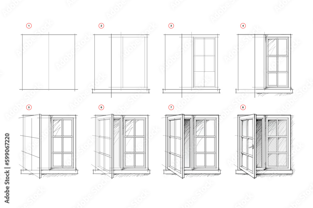 Page shows how to learn to draw sketch of half-open window. Pencil ...