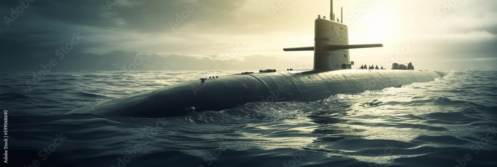 Generic military nuclear submarine floating in the middle of the ocean ...