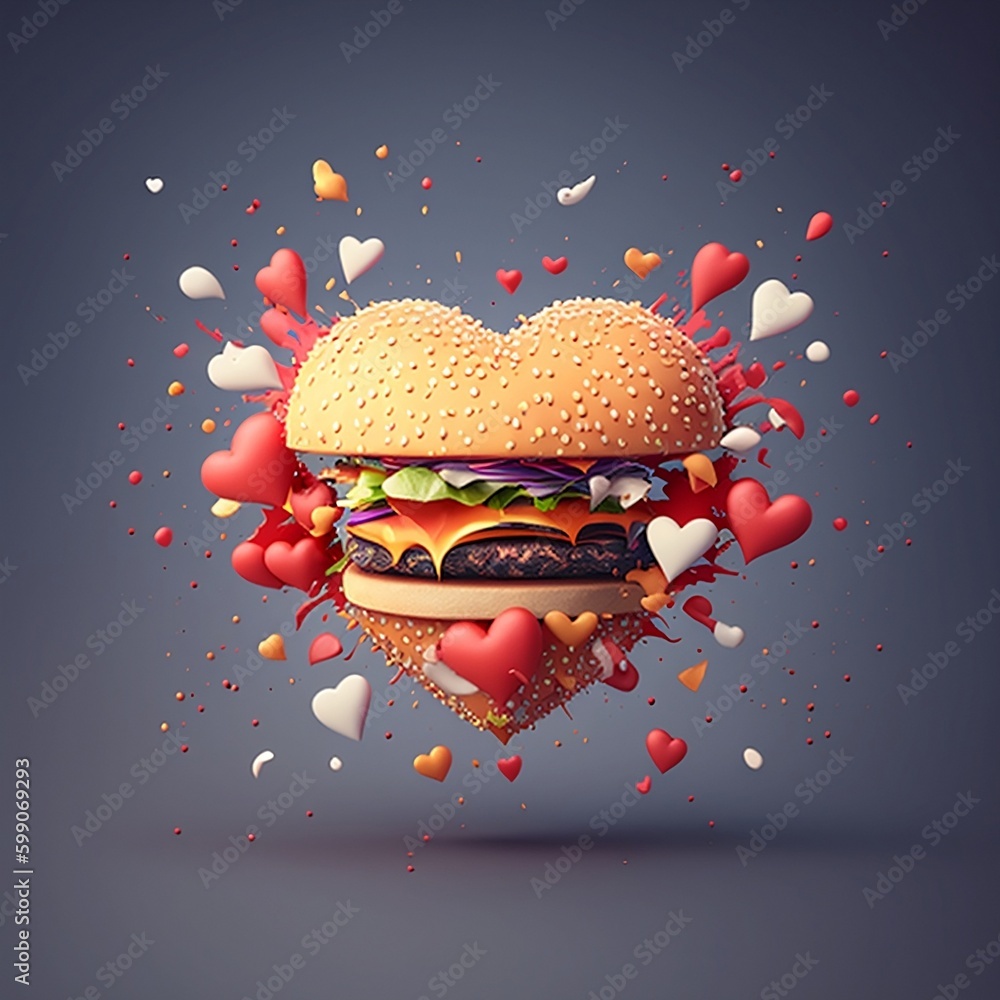 Burger in heart shape with little hearts exploding made with Generative ...
