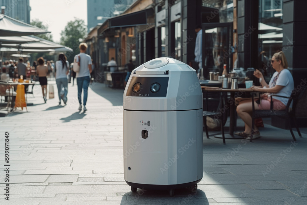 autonomous robot is a rubbish bin with wheels, artificial intelligence collects rubbish ...