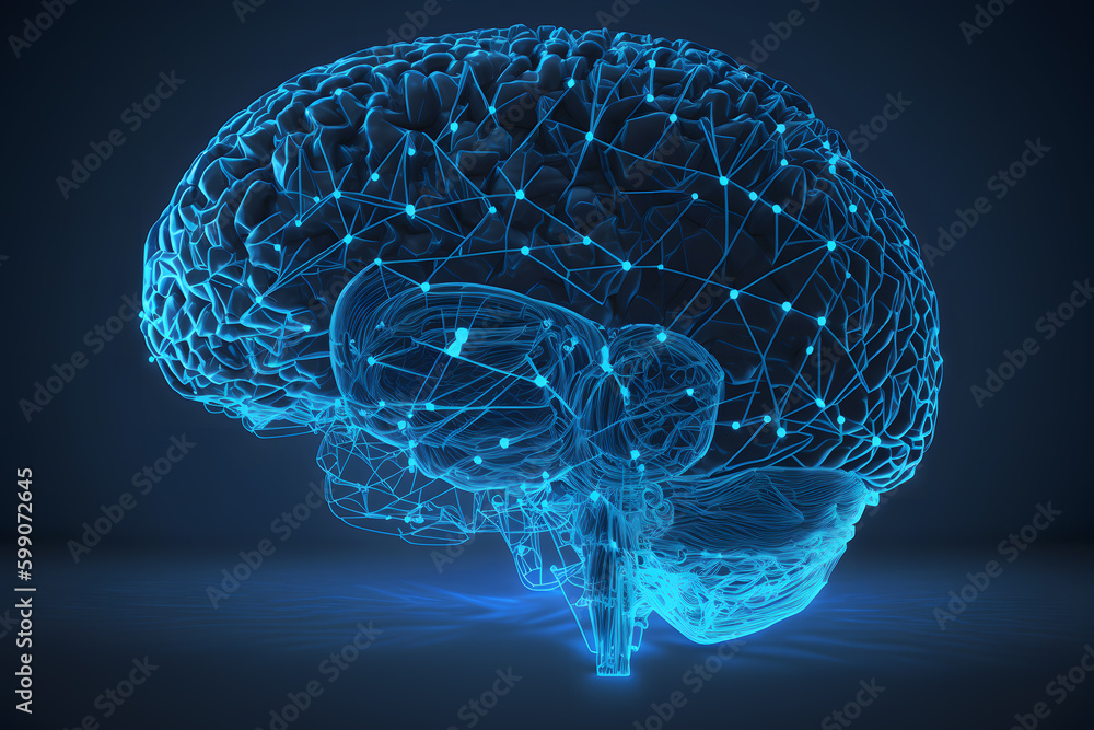 Human brain shape of an artificial intelligence with line dots on dark ...