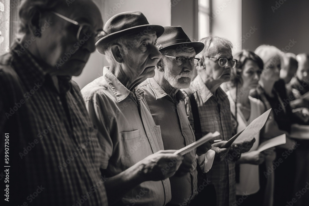 bored people of different ages in a long queue. Generative AI Stock ...