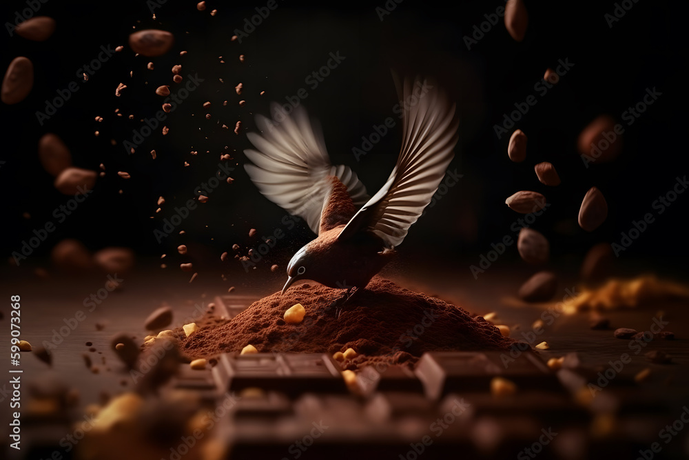 Bird and piece of dark chocolate on cocoa powder. Neural network AI ...