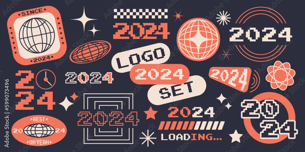 2024 decoration sticker design set. Happy New Year 2024 logo text ...