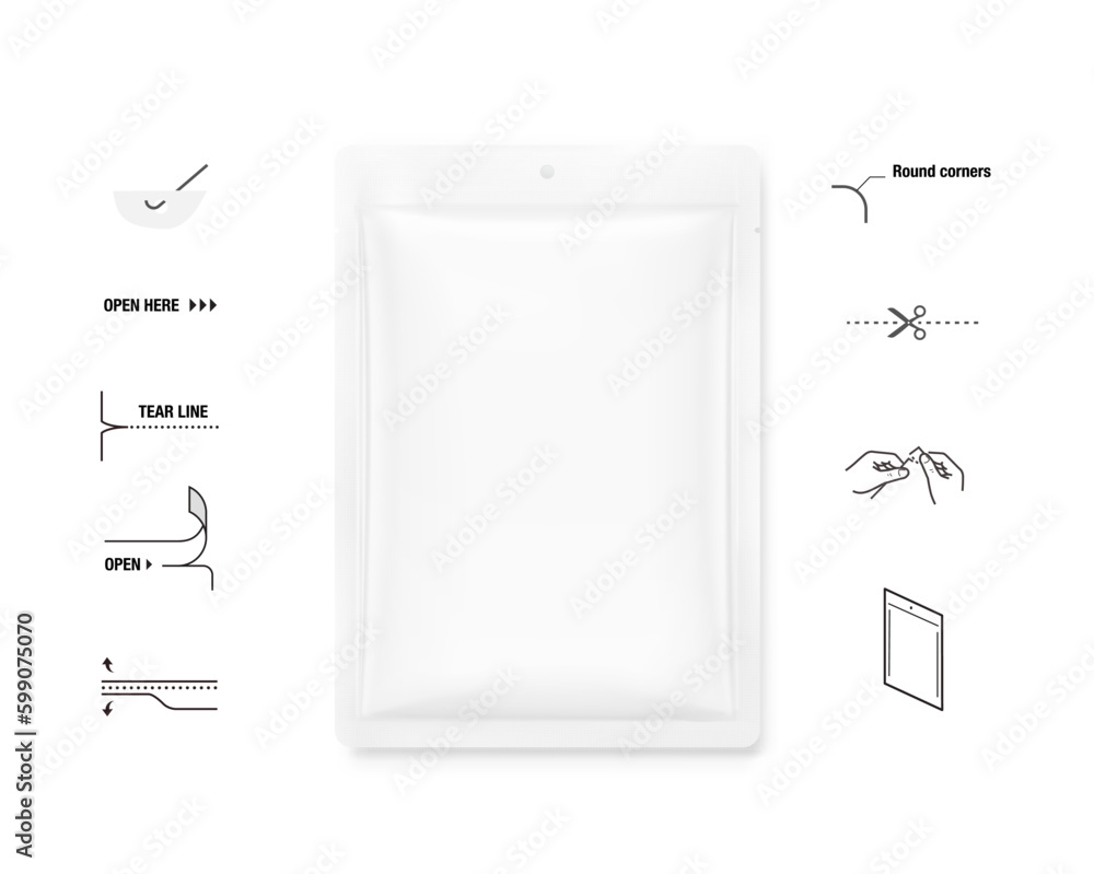 Poster High realistic sachet mockup with icons that show the benefits ...