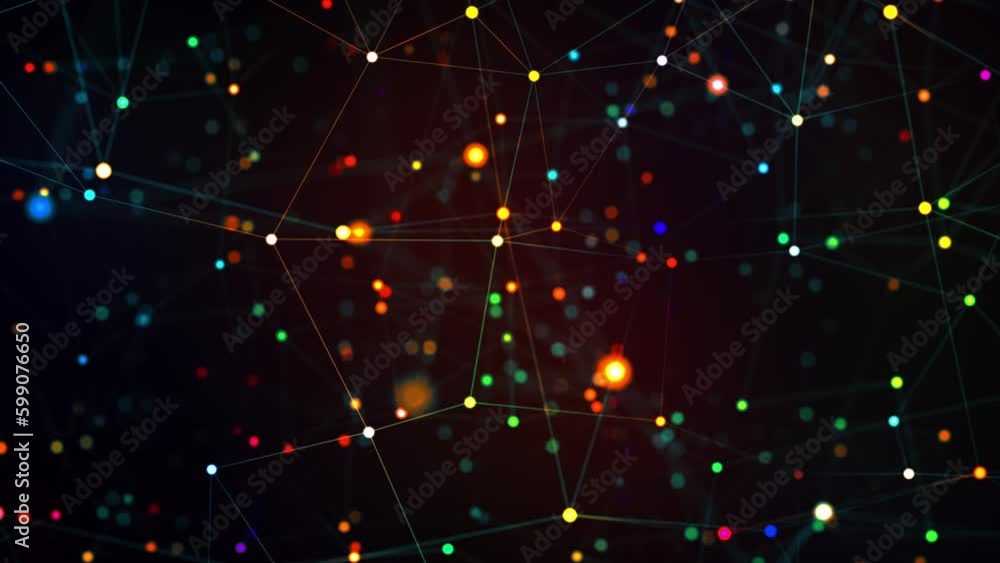 3D colourful geometric animation of a lot of connected coloured dots an ...