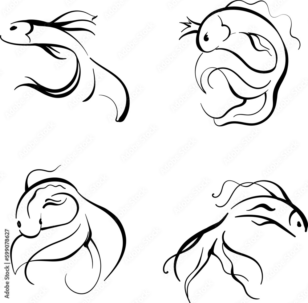 Four fish, contours. Painted abstract fish, beautiful lines. Tattoo ...