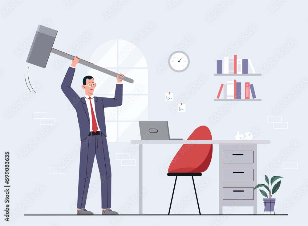 Vetor de Man breaks computer. Young guy at workplace breaks table and ...