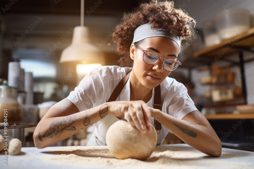 Casual photo of a female baker looking at the camera and working with ...