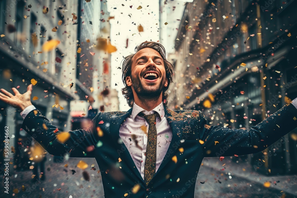 happy business person wearing a suit throwing confetti in a downtown ...