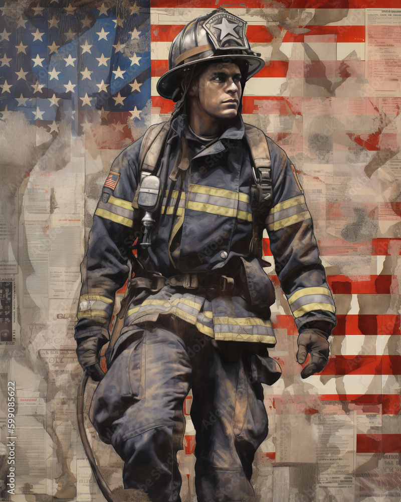 fireman is on top of an American flag collage from an old faded ...
