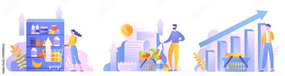 Inflation illustrations set. Collection of scenes with rising prices in ...