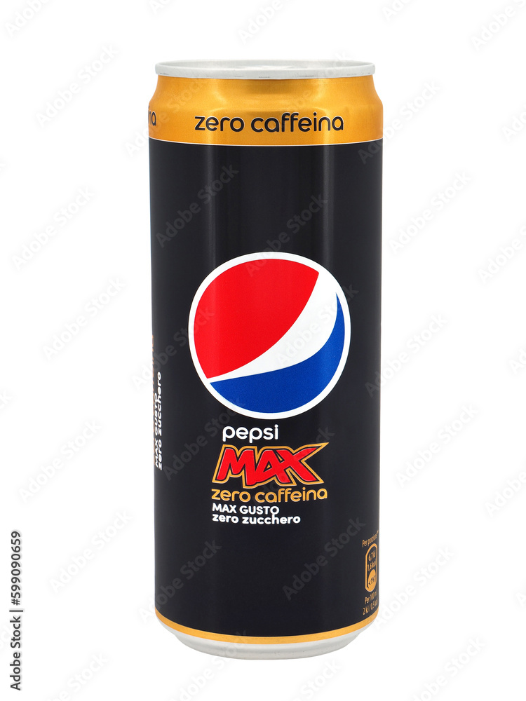ROME, ITALY - MAY 4, 2023. Pepsi Max Zero Caffeine can isolated on ...