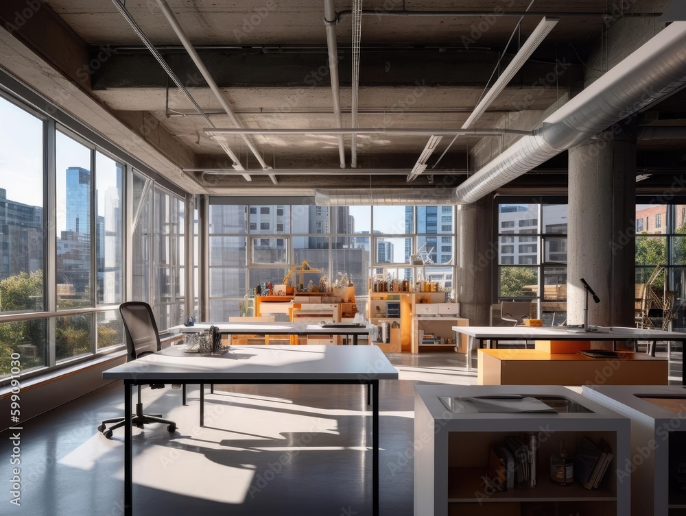 A bright and modern architecture studio with large drafting tables a 3D ...